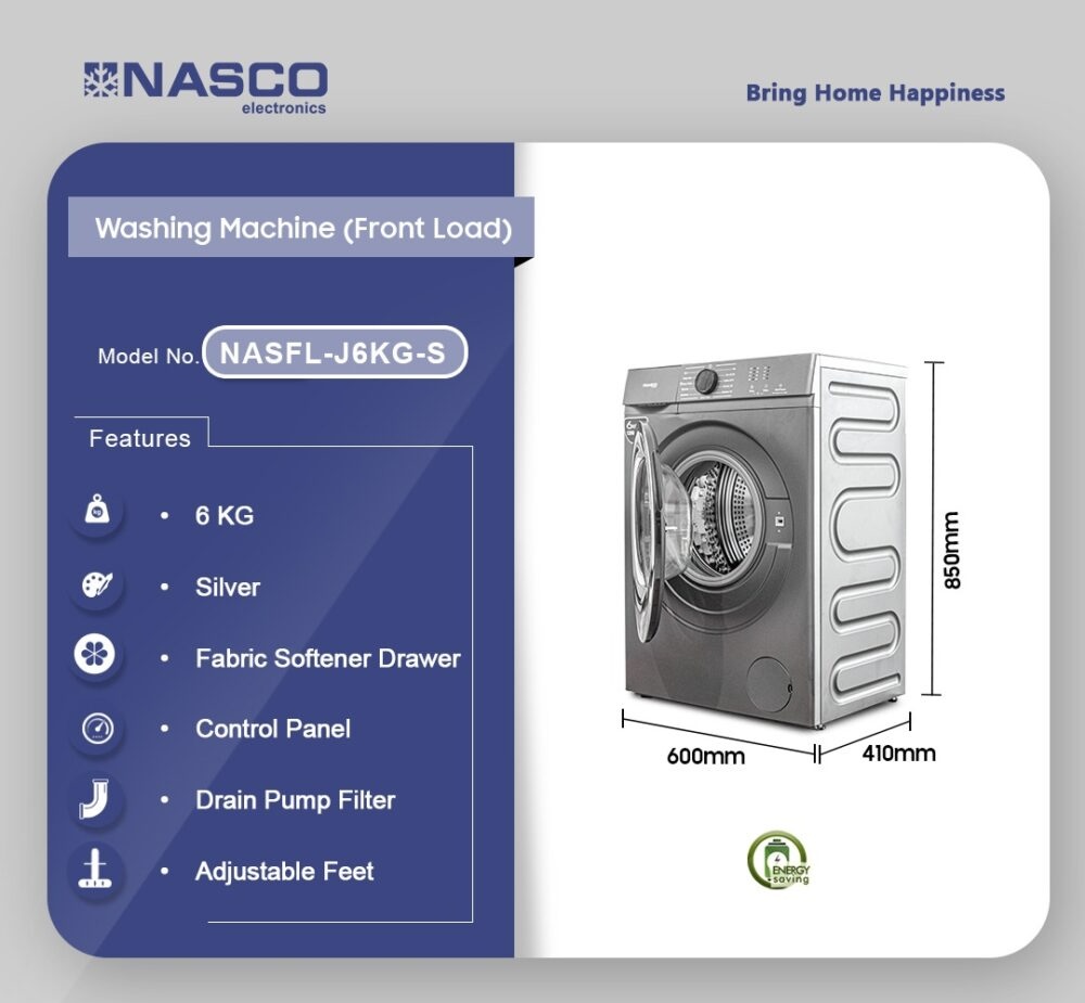 NASCO 6KG FRONT LOAD WASHING MACHINE FULLY AUTO - Elomaplus
